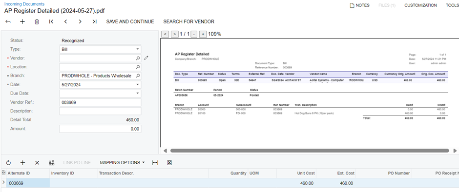 Activating AP Document Recognition - Acumatica