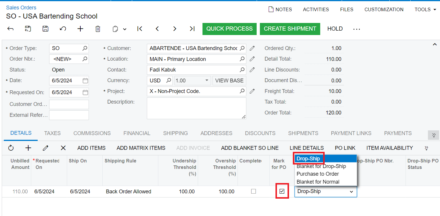 How to create a drop ship PO from a Sales order