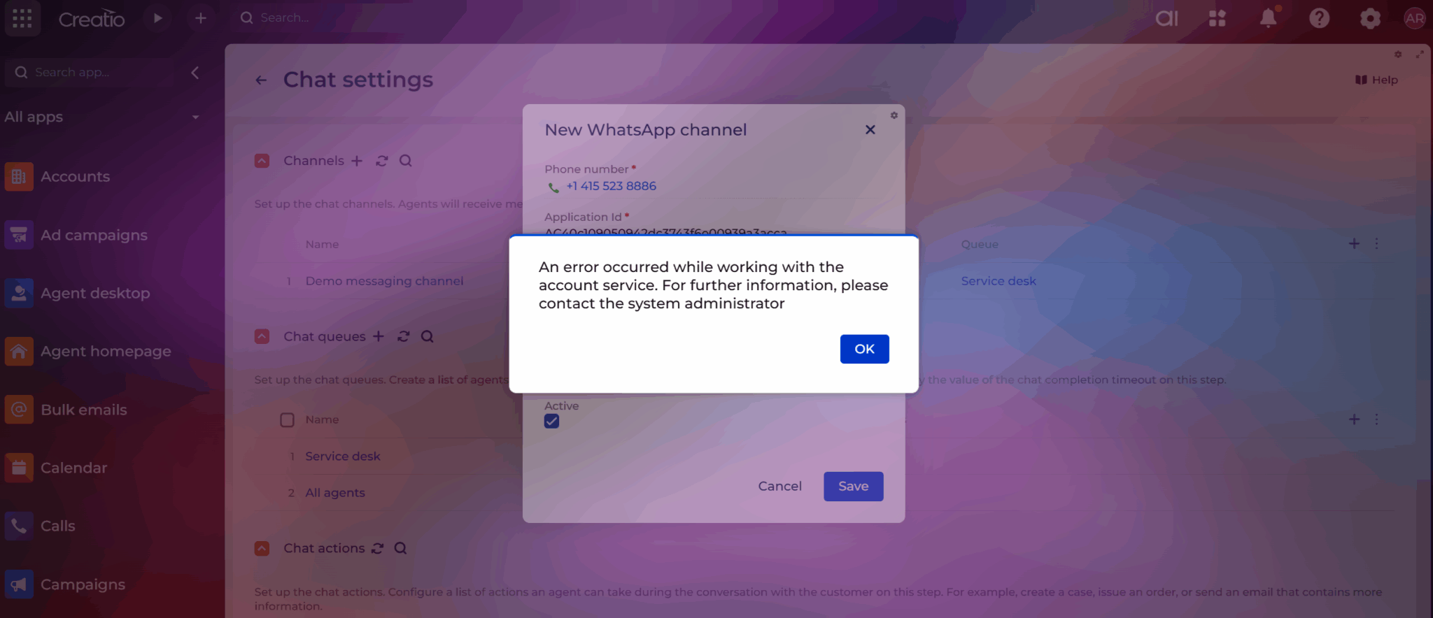 Troubleshooting WhatsApp Channel Errors in Creatio Chat Settings ...