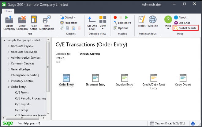 Sage 300 ERP 2019 Desktop Global Search Feature