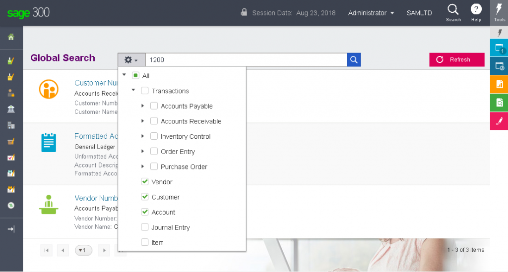 The Sage 300 ERP 2019 Web Screen's global search feature