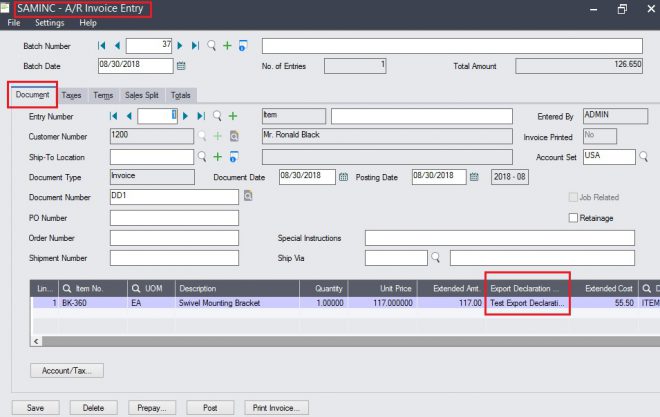 Sage 300 v2019- Export Declaration Number AR Invoice Entry