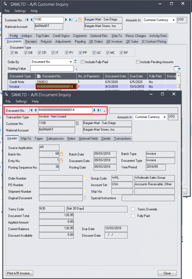 AR Customers - Inquiries for Documents