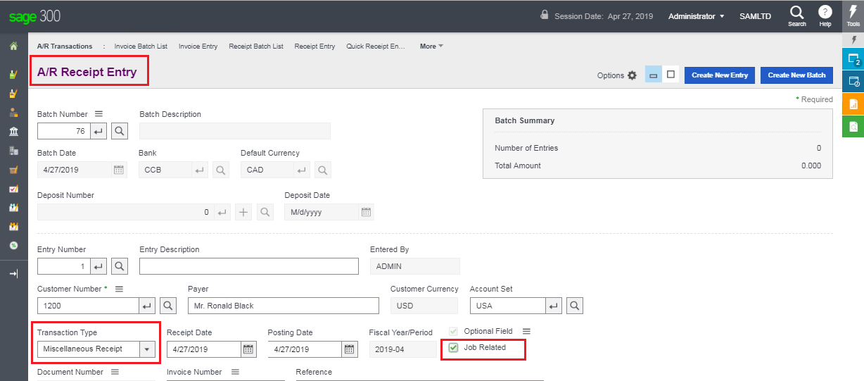 AR Receipts Job Documents in Sage 300 2019.2.