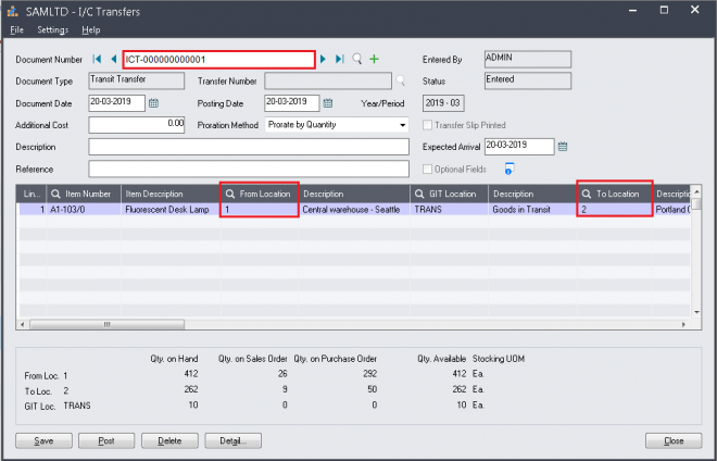 Transfer Entry: Document Numbering by From-To Location Combo