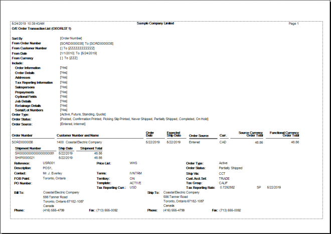 Report on OE Transaction Lists