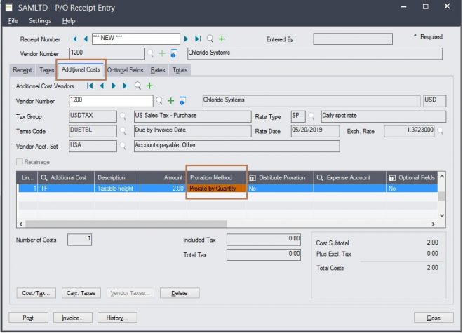 Enable Additional Cost in Purchase Order Receipts