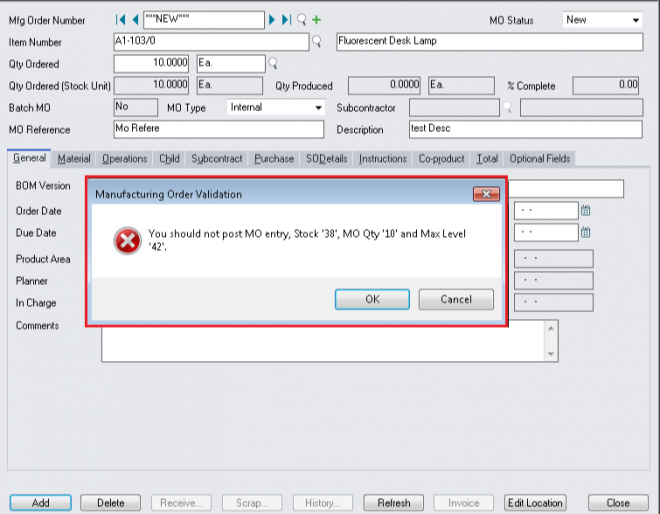 Restrict the posting of order entry screen of finished goods