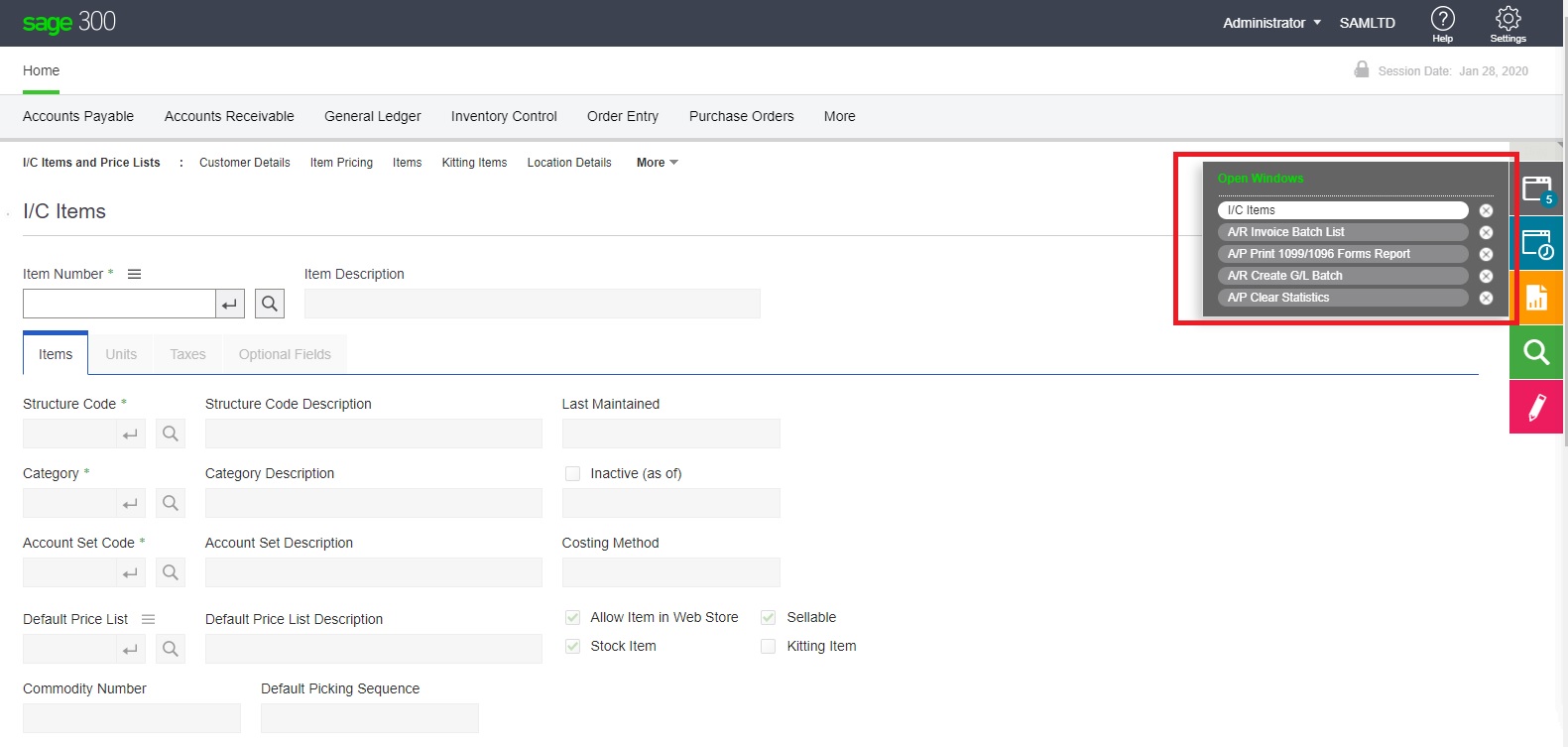 Sage 300c V2018 introduces the Open Windows option.