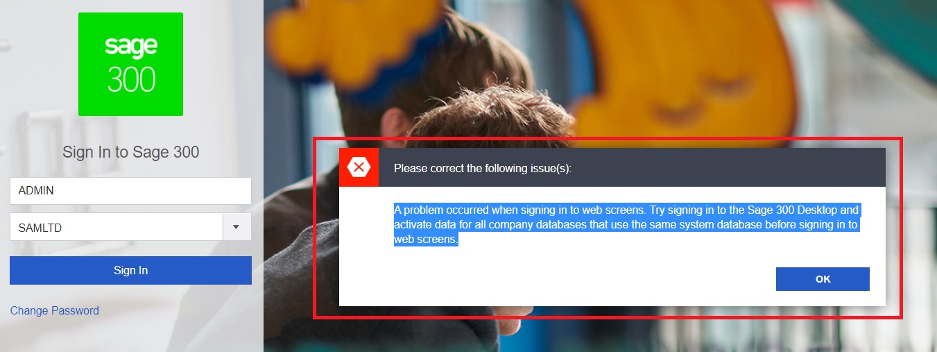 Error on the Sage 300 Web Screen while logging in