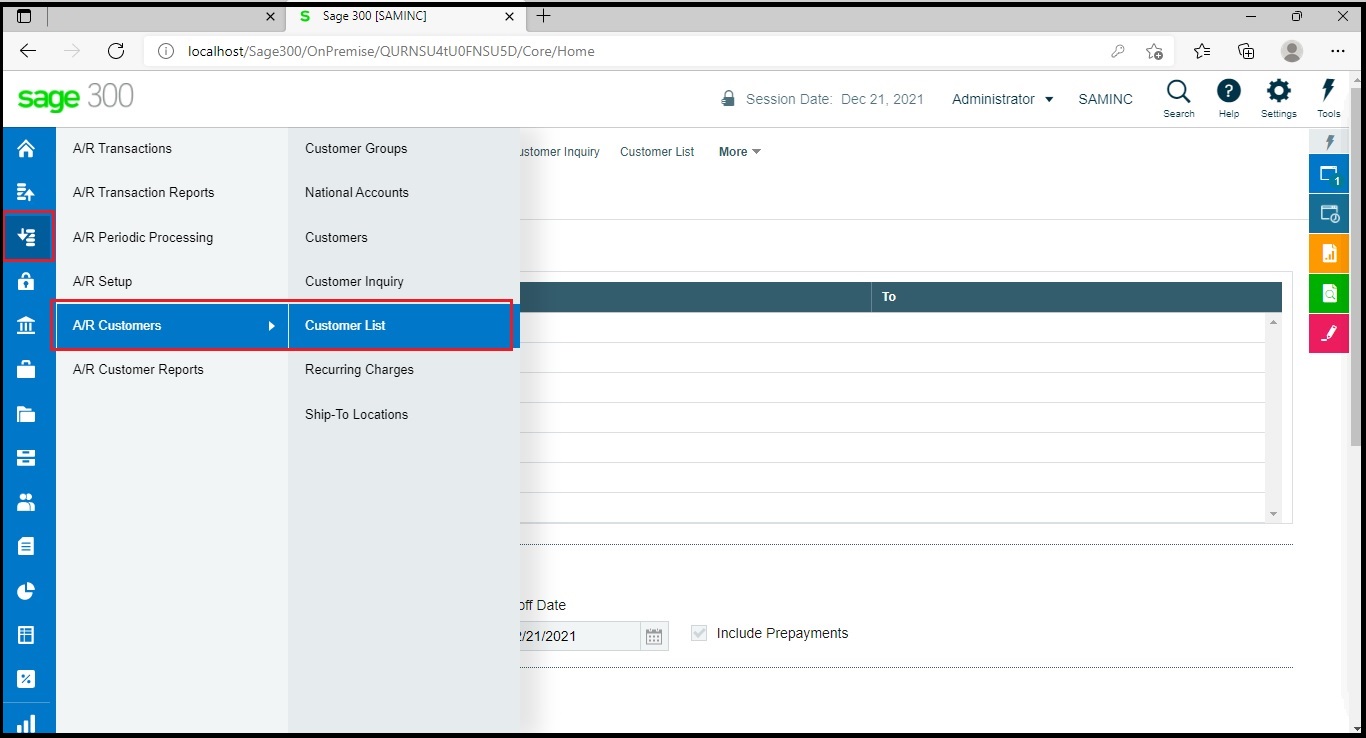 AR Customer List Screen in Sage 300 v2022 Web