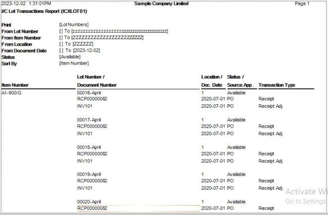 Report on IC Lot/Serial Transactions in Sage 300