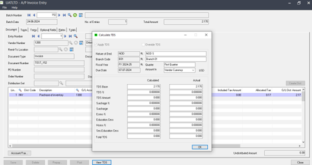 TDS on Nil Rated Entry in Sage Intacct