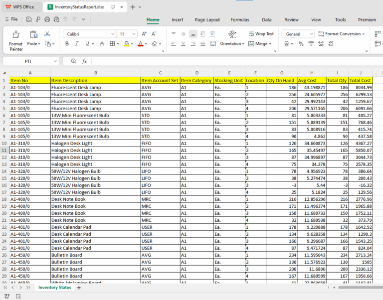 Export Inventory Status Report to Excel in Sage 300 ERP