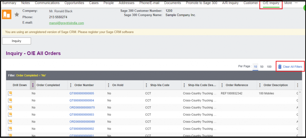O/E Inquiry and A/R Inquiry tabs in Sage CRM 2018 R3 - Sage 300 2019 ...