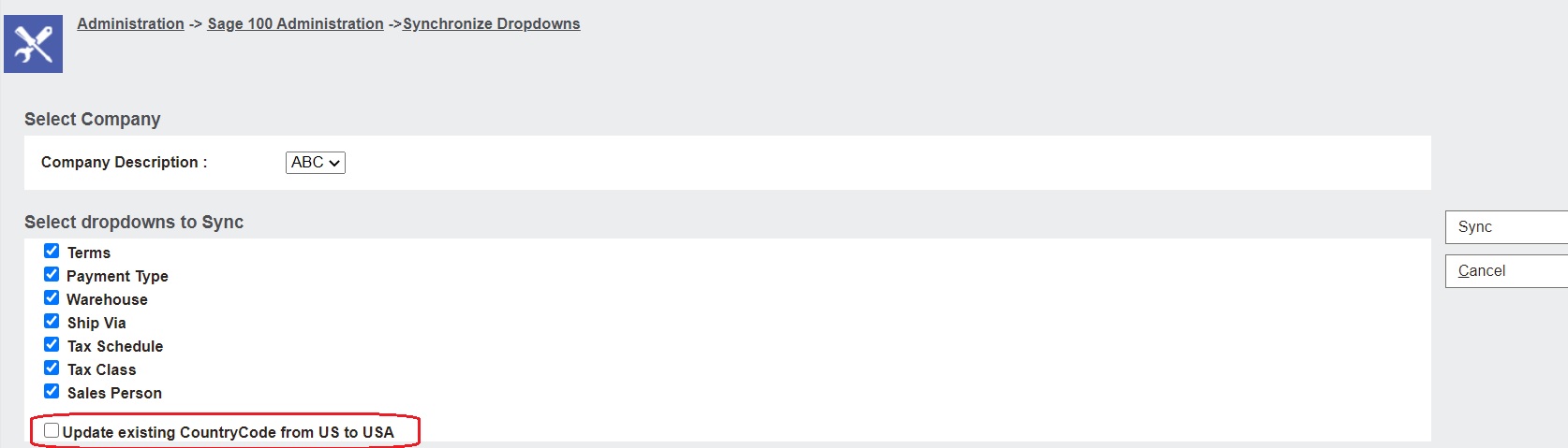 Sync USA country code using Sync Dropdown process in GUMU™ CRM - Sage ...