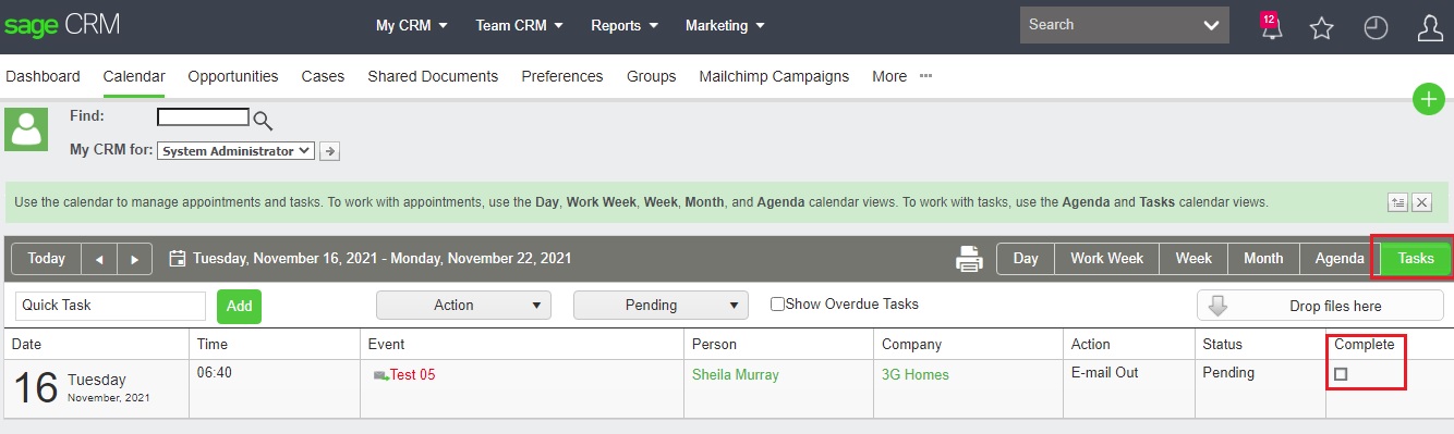 Mark Task 'Complete' from Calendar Tab - Sage CRM – Tips, Tricks and Components