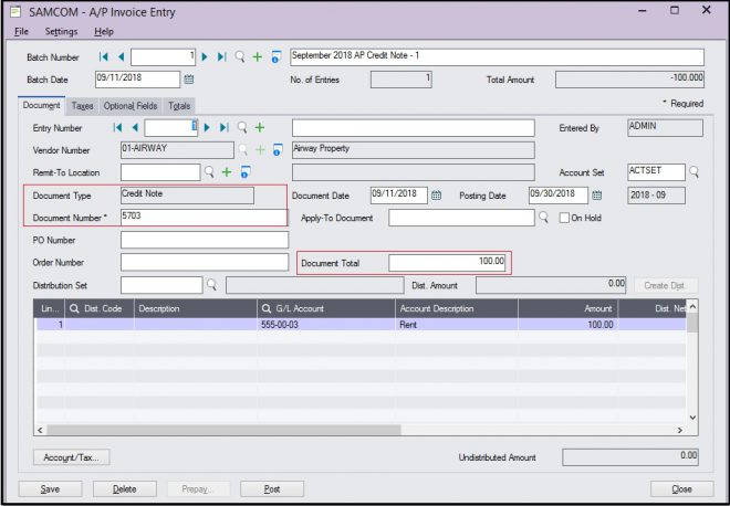 Migrate Accounts Payable Credit Notes: Sage 100 to 300