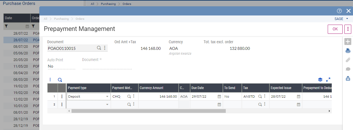 How to create a prepayment for a Purchase Order in Sage X3 - Sage X3 – Tips, Tricks and Components