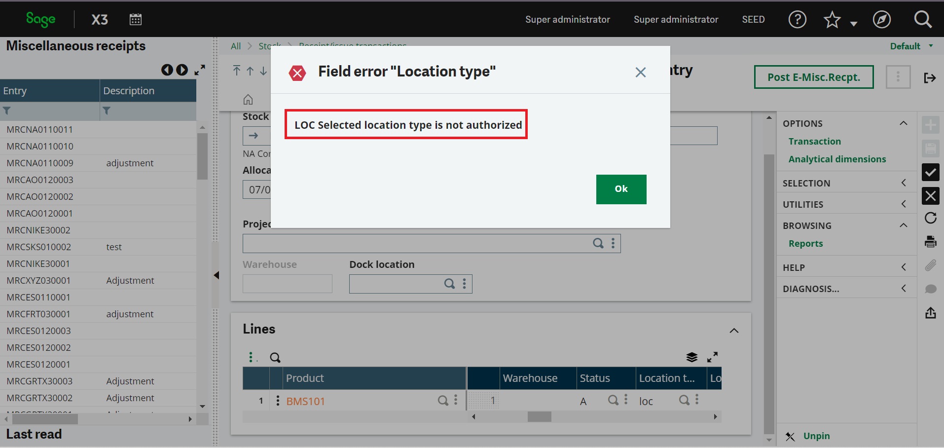 How to resolve 'selected location type is not authorized' - Sage X3 – Tips, Tricks and Components