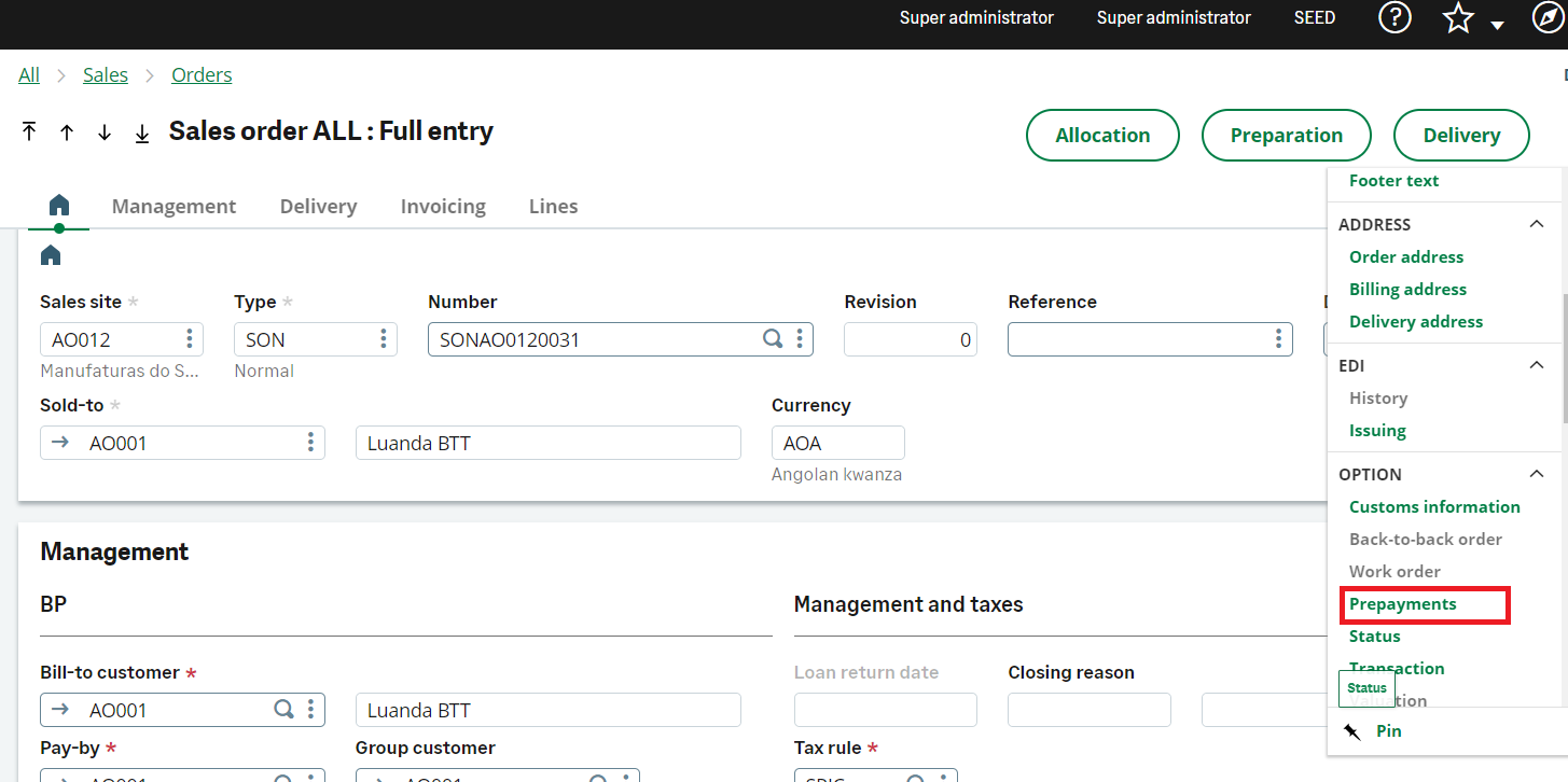 How to enable prepayment option in Sales order in Sage X3 - Sage X3 – Tips, Tricks and Components