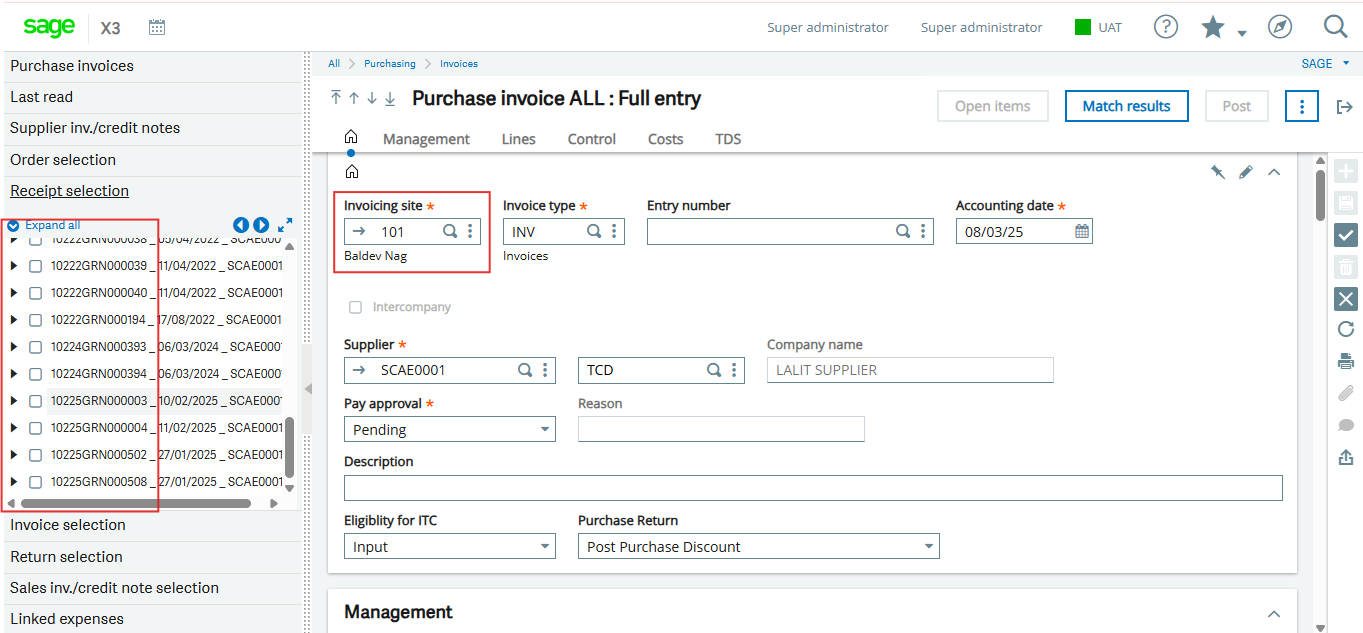 How to Set Site-Wise GRN Display in the Left List on the Purchase Invoice Screen During Creation ...