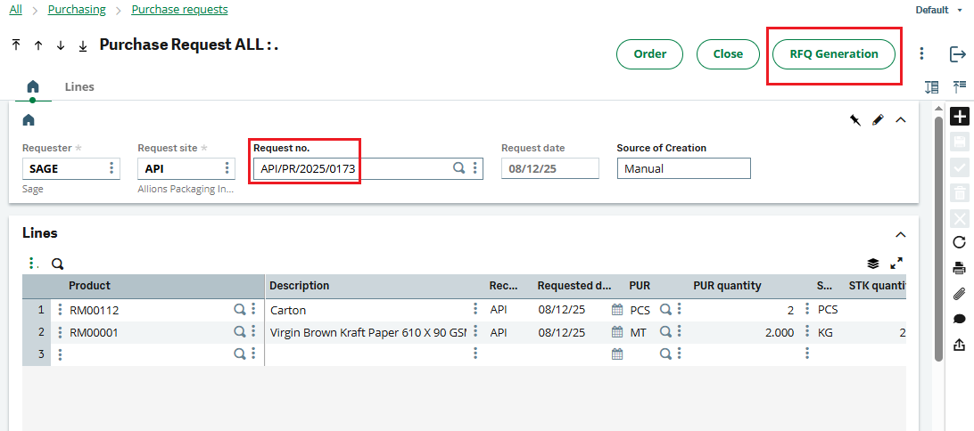 A single RFQ (Request for Quotation) can cover multiple products from a purchase request, based ...
